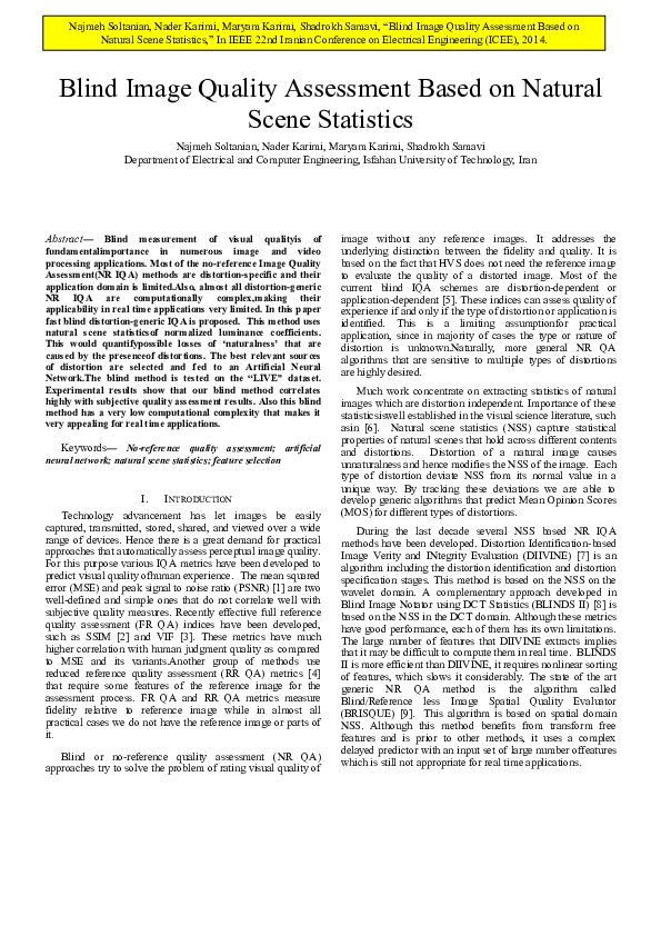 (PDF) Blind image quality assessment based on natural scene statistics