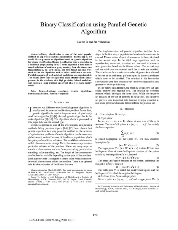 Pdf Binary Classification Using Parallel Genetic Algorithm