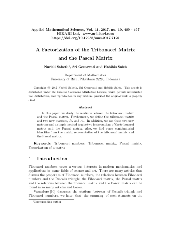 (PDF) A factorization of the tribonacci matrix and the Pascal matrix