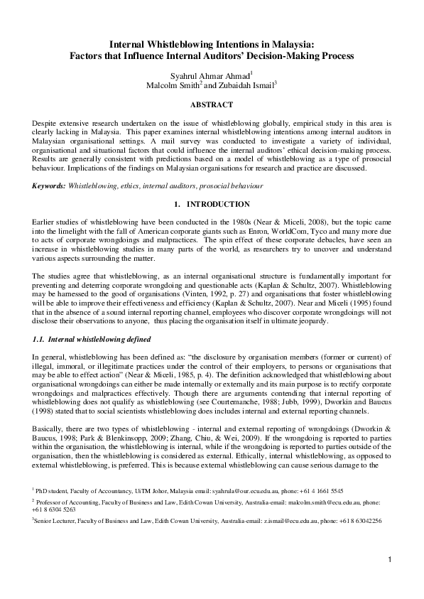 (PDF) Internal whistleblowing intentions in Malaysia: Factors that ...