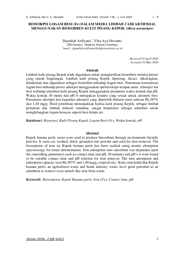 (PDF) BIOSORPSI LOGAM BESI (Fe) DALAM MEDIA LIMBAH CAIR ARTIFISIAL ...