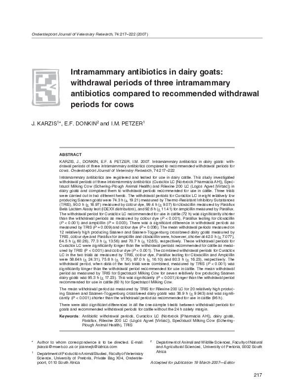 (PDF) Intramammary antibiotics in dairy goats : withdrawal periods and ...