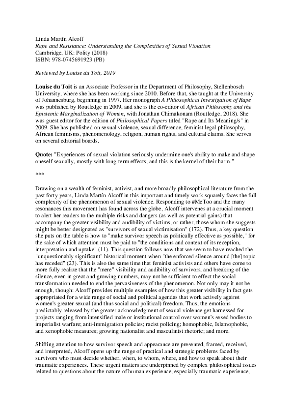 (PDF) Linda Martín Alcoff, Rape and Resistance: Understanding the ...