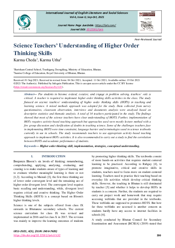 (PDF) Science Teachers’ Understanding of Higher Order Thinking Skills
