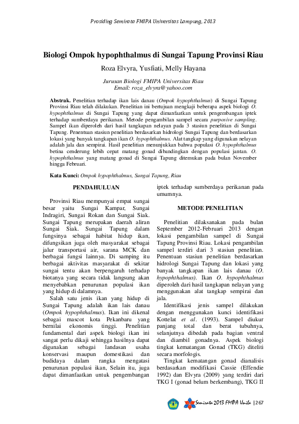 (PDF) Biologi Ompok hypophthalmus di Sungai Tapung Provinsi Riau