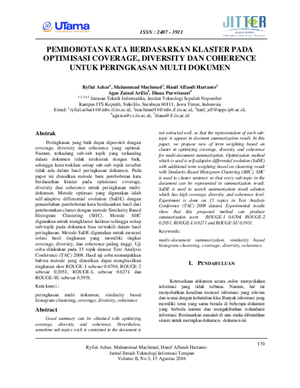 (PDF) Pembobotan Kata Berdasarkan Klaster Pada Optimisasi Coverage, Diversity Dan Coherence ...