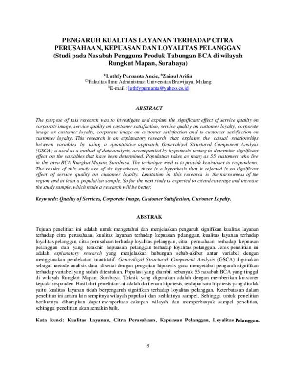(PDF) PENGARUH KUALITAS LAYANAN TERHADAP CITRA PERUSAHAAN, KEPUASAN DAN ...
