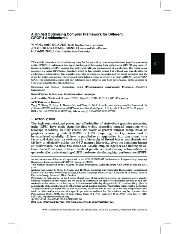 Pdf A Unified Optimizing Compiler Framework For Different Gpgpu Architectures