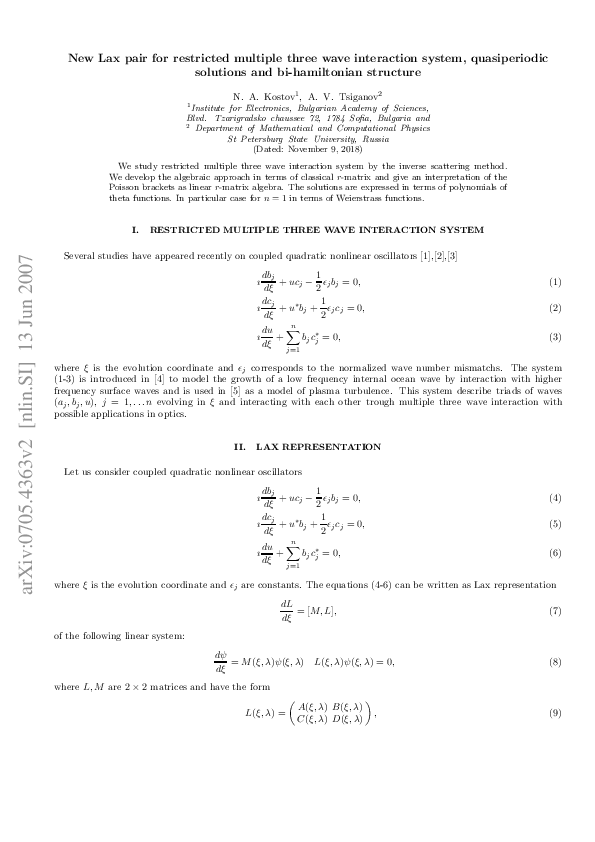(PDF) New lax pair for restricted multiple three wave interaction ...
