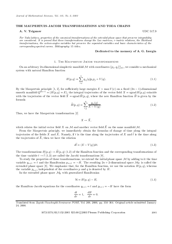 (PDF) The Maupertuis-Jacobi Transformations and Toda Chains