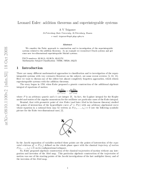 (PDF) Leonard Euler: Addition theorems and superintegrable systems