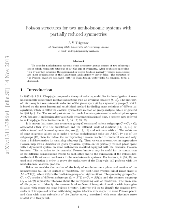 (PDF) Poisson structures for two nonholonomic systems with partially ...