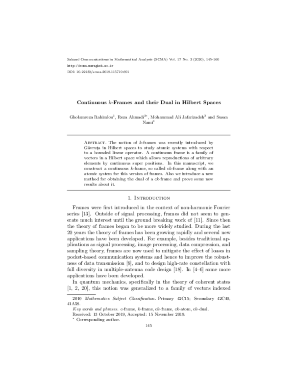 Pdf Continuous K Frames And Their Dual In Hilbert Spaces