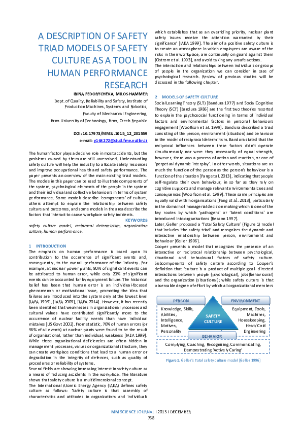 (PDF) A Description of Safety Triad Models of Safety Culture as a Tool ...