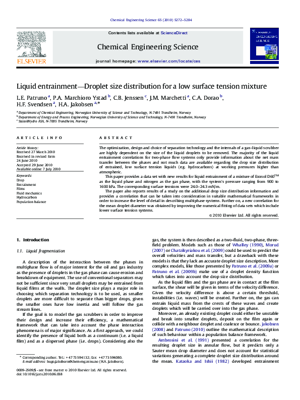 (PDF) Liquid entrainment—Droplet size distribution for a low surface ...
