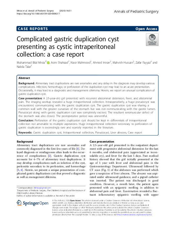 (PDF) Complicated gastric duplication cyst presenting as cystic intraperitoneal collection: a ...