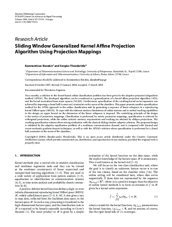 Pdf Sliding Window Generalized Kernel Affine Projection Algorithm Using Projection Mappings