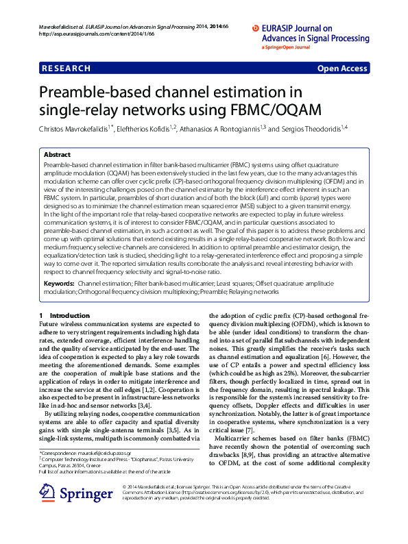 (PDF) Preamble-based channel estimation in single-relay networks using FBMC/OQAM