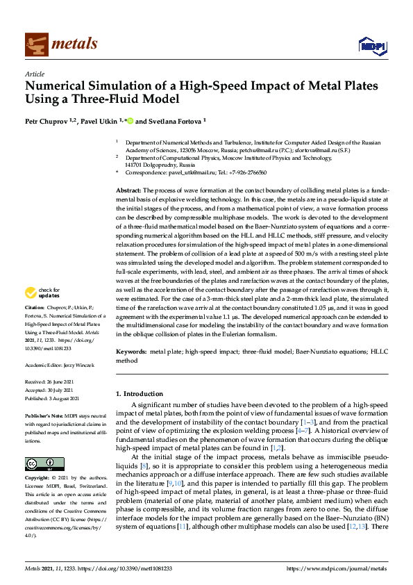 (PDF) Numerical Simulation of a High-Speed Impact of Metal Plates Using ...