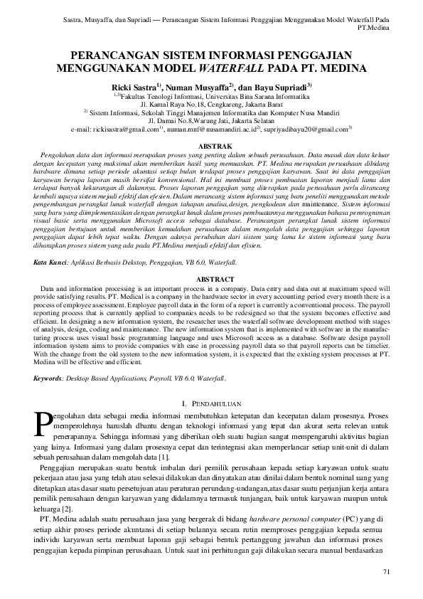 (PDF) Perancangan Sistem Informasi Penggajian Menggunakan Model Waterfall Pada Pt. Medina