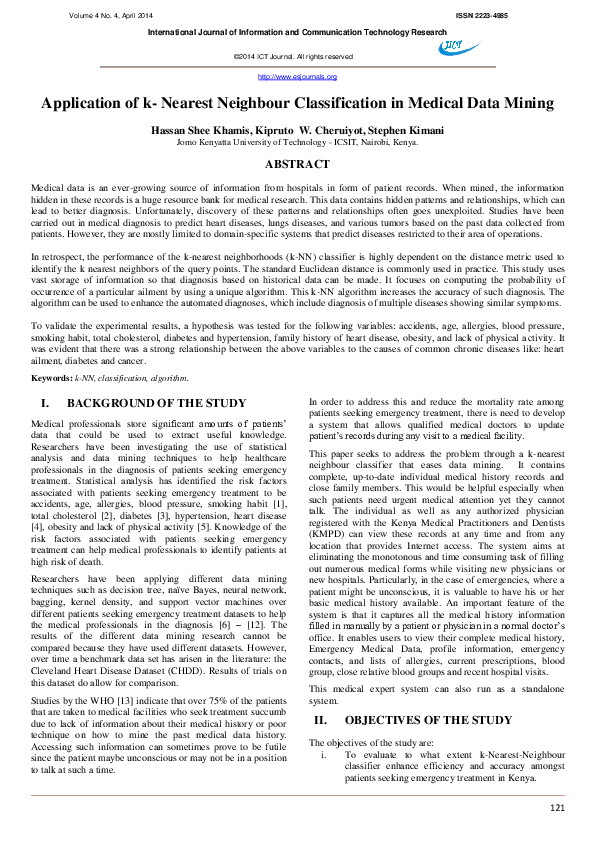 (PDF) Application of k-Nearest Neighbour Classification in Medical Data ...