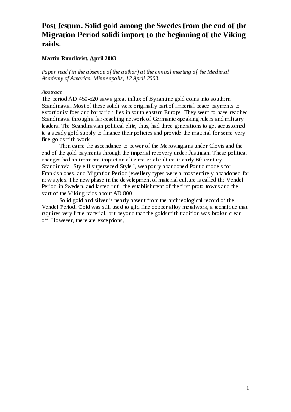 (PDF) Post festum. Solid gold among the Swedes from the end of the ...
