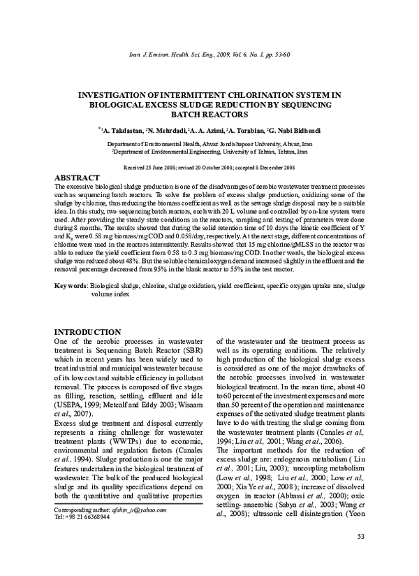 (PDF) Investigation of intermittent chlorination system in biological excess sludge reduction by ...
