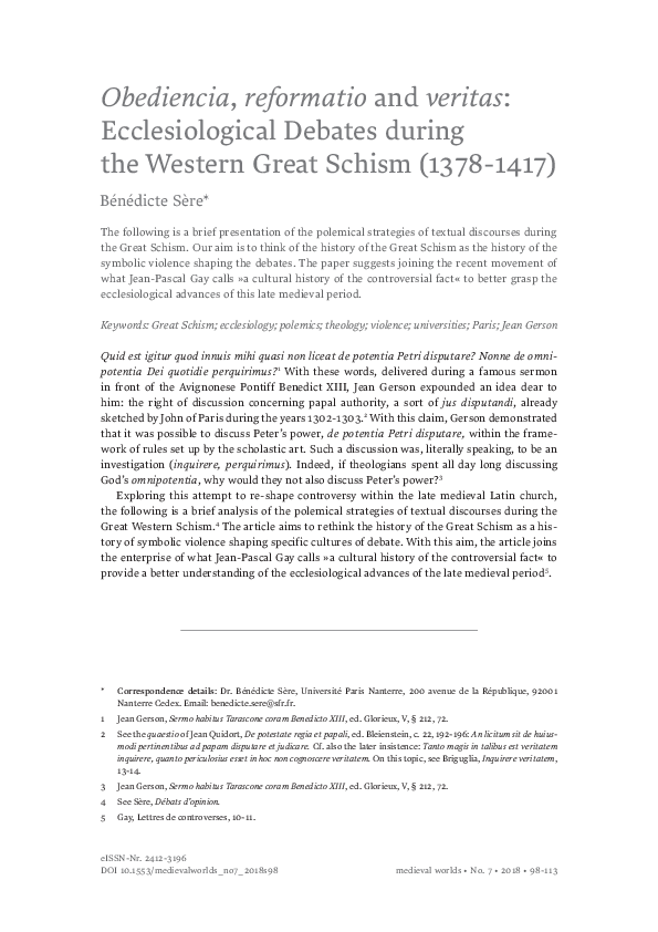 (PDF) Obediencia, reformatio and veritas: Ecclesiological Debates ...