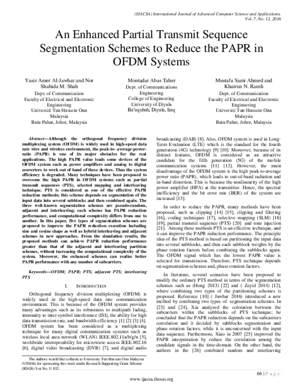 Pdf An Enhanced Partial Transmit Sequence Segmentation Schemes To Reduce The Papr In Ofdm Systems