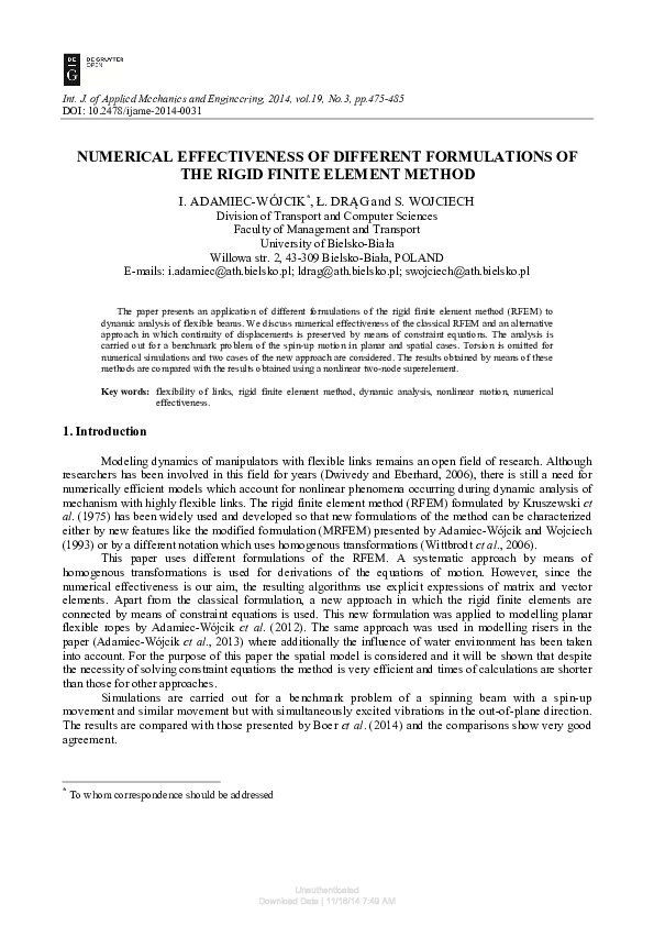 Pdf Numerical Effectiveness Of Different Formulations Of The Rigid Finite Element Method