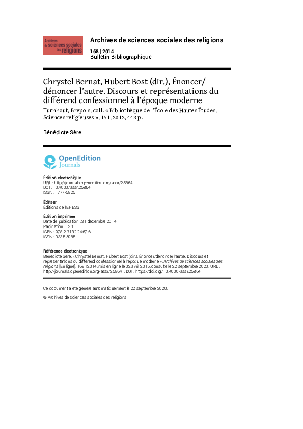 (PDF) Chrystel Bernat, Hubert Bost (dir.), Énoncer/dénoncer l’autre ...