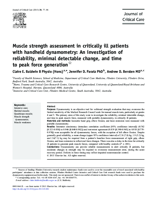 (PDF) Muscle strength assessment in critically ill patients with handheld dynamometry: An ...