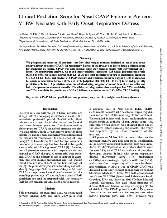 (PDF) Clinical Prediction Score for Nasal CPAP Failure in Pre-term VLBW ...