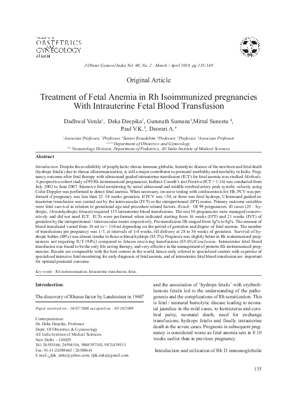 (PDF) Treatment of fetal anemia in Rh isoimmunized pregnancies with ...