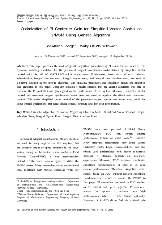 (PDF) Optimization of PI Controller Gain for Simplified Vector Control on PMSM Using Genetic ...