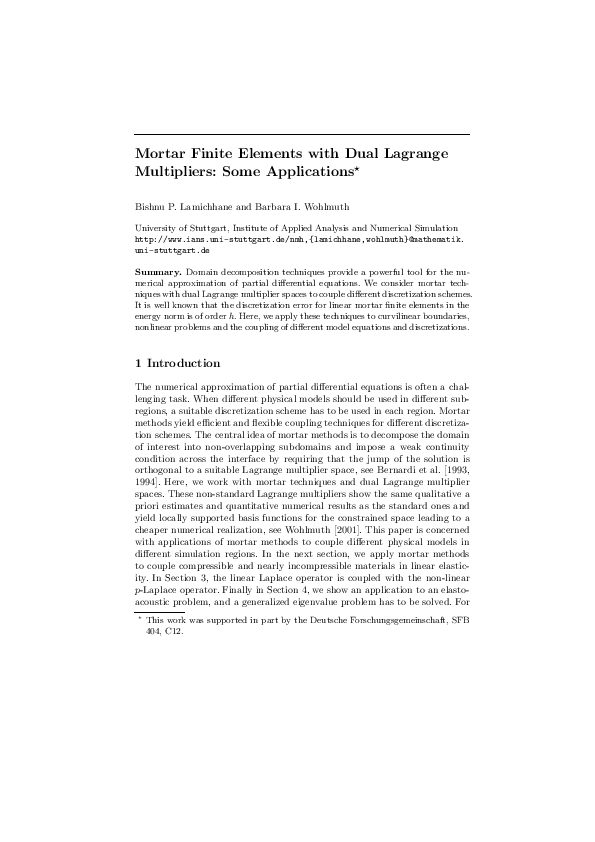 Pdf Mortar Finite Elements With Dual Lagrange Multipliers Some Applications