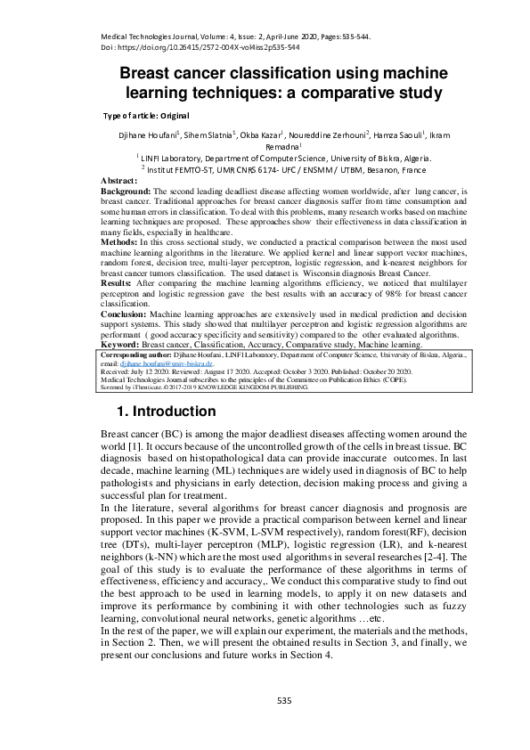 (PDF) Breast cancer classification using machine learning techniques: a ...