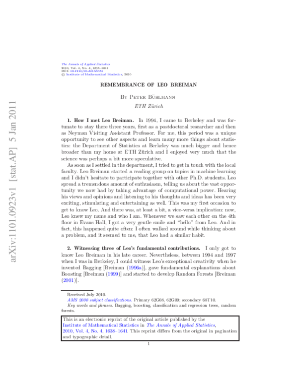 (PDF) Remembrance of Leo Breiman | Peter Bühlmann - Academia.edu