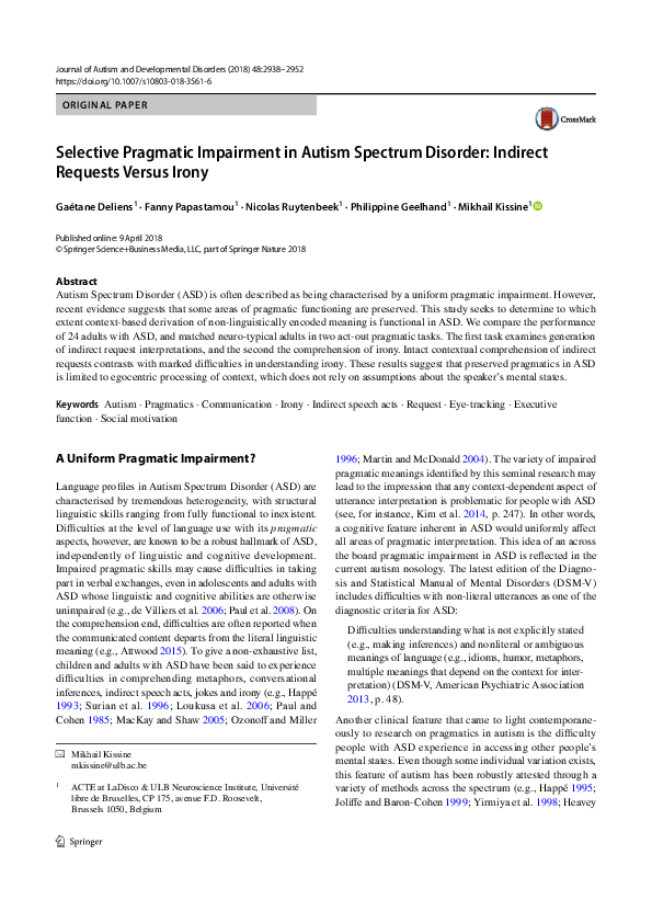 (PDF) Selective Pragmatic Impairment in Autism Spectrum Disorder ...