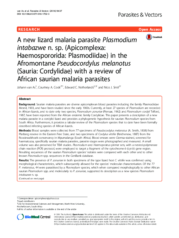 (PDF) A new lizard malaria parasite Plasmodium intabazwe n. sp ...
