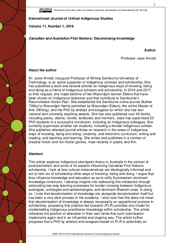 (PDF) Canadian and Australian First Nations: Decolonising knowledge