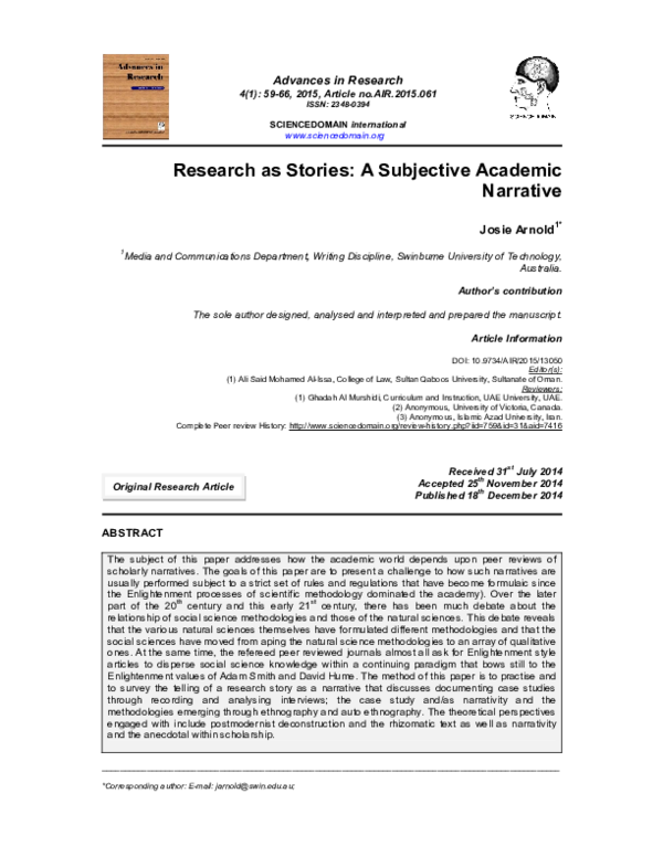 (PDF) Research as Stories: A Subjective Academic Narrative