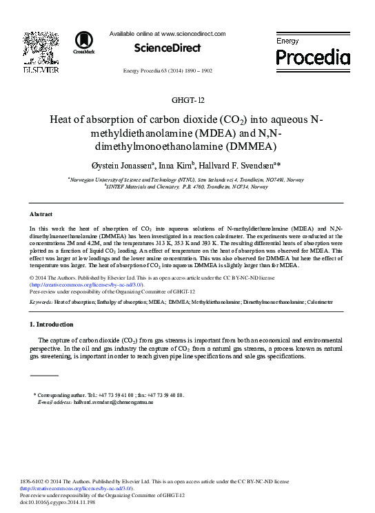 (PDF) Heat of Absorption of Carbon Dioxide (CO2) into Aqueous N-Methyldiethanolamine (MDEA) and ...