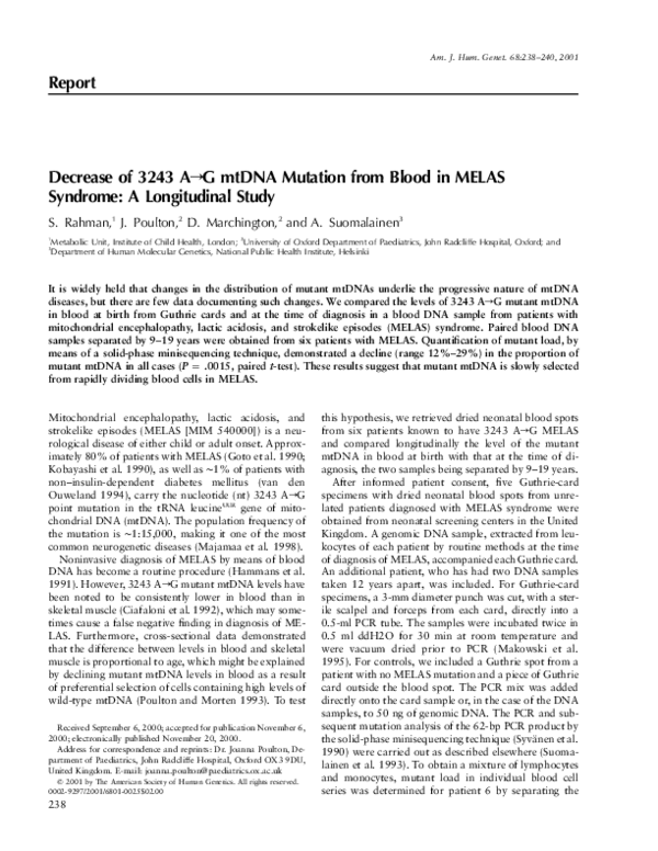 (PDF) Decrease of 3243 A→G mtDNA Mutation from Blood in MELAS Syndrome ...