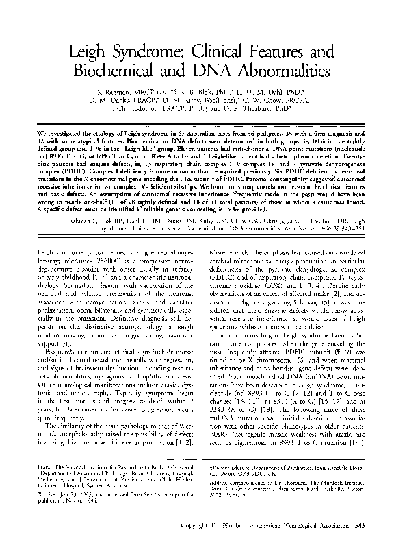 (PDF) Leigh syndrome: Clinical features and biochemical and DNA ...