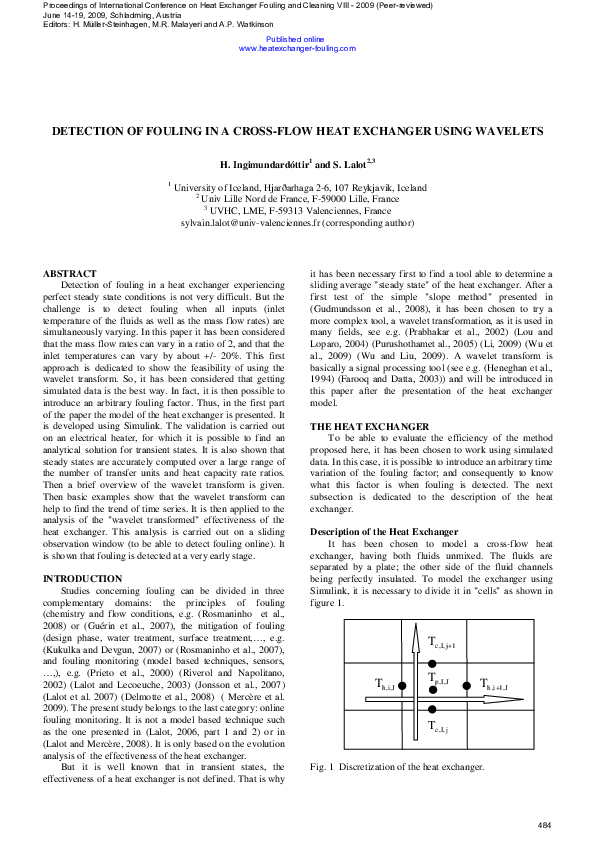 (PDF) Detection of Fouling in a Cross-Flow Heat Exchanger Using Wavelets