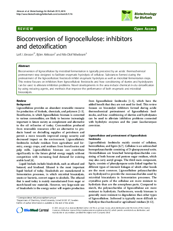 (PDF) Bioconversion of lignocellulose: inhibitors and detoxification