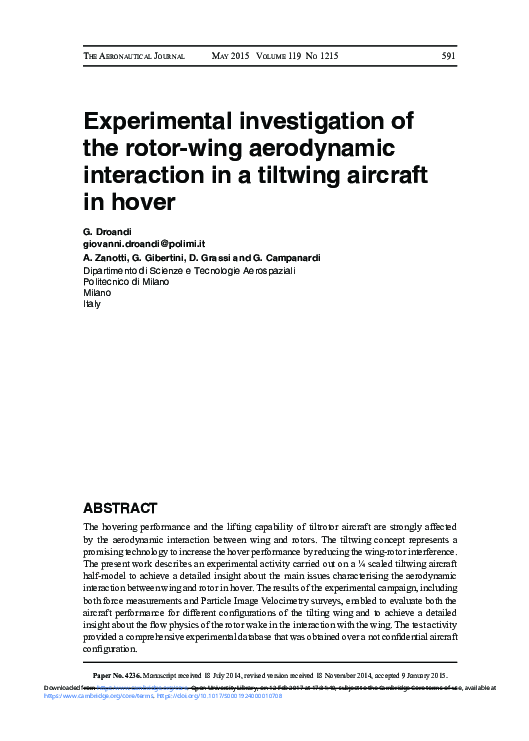 (PDF) Experimental investigation of the rotor-wing aerodynamic interaction in a tiltwing ...