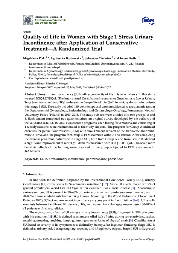 (PDF) Quality of Life in Women with Stage 1 Stress Urinary Incontinence after Application of ...