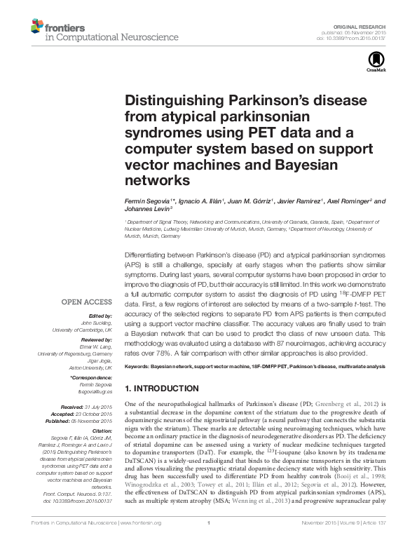 (PDF) Distinguishing Parkinson's disease from atypical parkinsonian syndromes using PET data and ...
